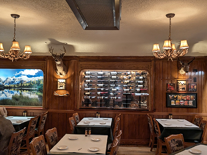 The dining room where wilderness meets refinement – mounted trophies and wine racks creating the perfect backdrop for carnivorous celebrations.