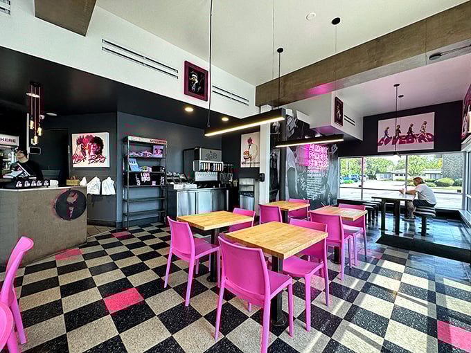 The dining room feels like a diner from an alternate universe where rock stars designed restaurants instead of becoming rock stars.