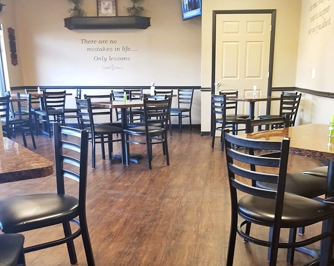 The dining area speaks volumes with its "no mistakes in life, only lessons" wall quote&mdash;a philosophy that pairs perfectly with comfort food.