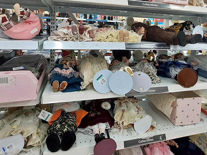 The island of misfit toys isn't just a Christmas special&mdash;it's this shelf of collectible dolls yearning for new curio cabinets.