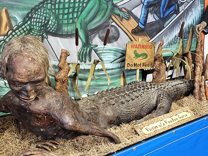 Half-human, half-reptile, all fascinating. This "Alligator Man" display taps into our primal fears while showcasing the artistry behind sideshow attractions.