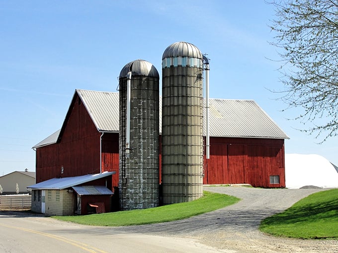 This isn't just a barn&mdash;it's a cathedral to agriculture. The iconic red structures dot the landscape like exclamation points.