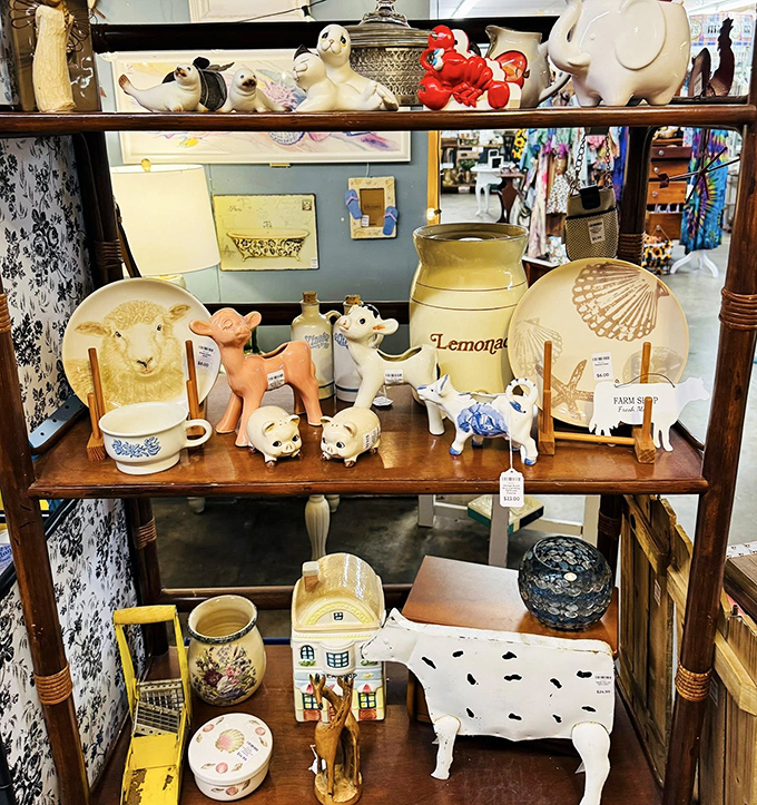 Farmhouse chic meets whimsical animal figurines. That ceramic cow probably has better stories than most dinner guests you've entertained lately.