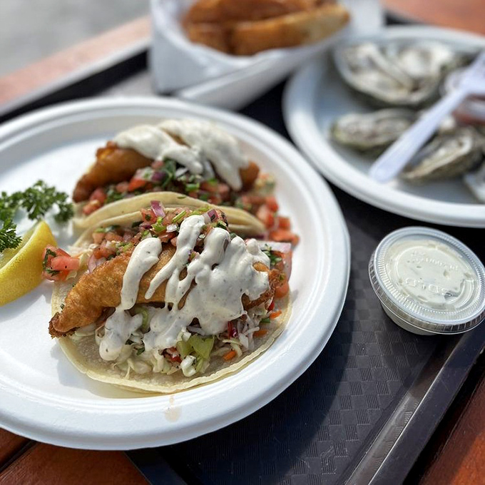 Fish tacos that make you question why you'd ever eat anything else. That creamy sauce cascading down is what dreams are made of.