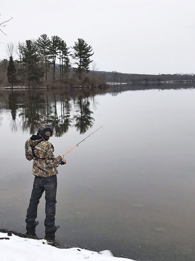 Patience personified. Winter fishing at Nockamixon requires equal parts skill, fortitude, and the kind of thermal underwear that deserves its own infomercial.