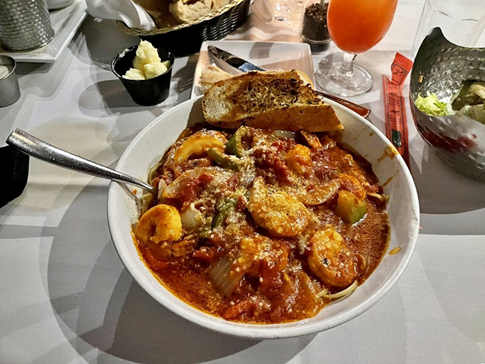 Fra Diavolo that would make an Italian grandmother weep with joy. Shrimp and scallops swimming in spicy tomato sauce&mdash;the bread's only purpose is sauce delivery.