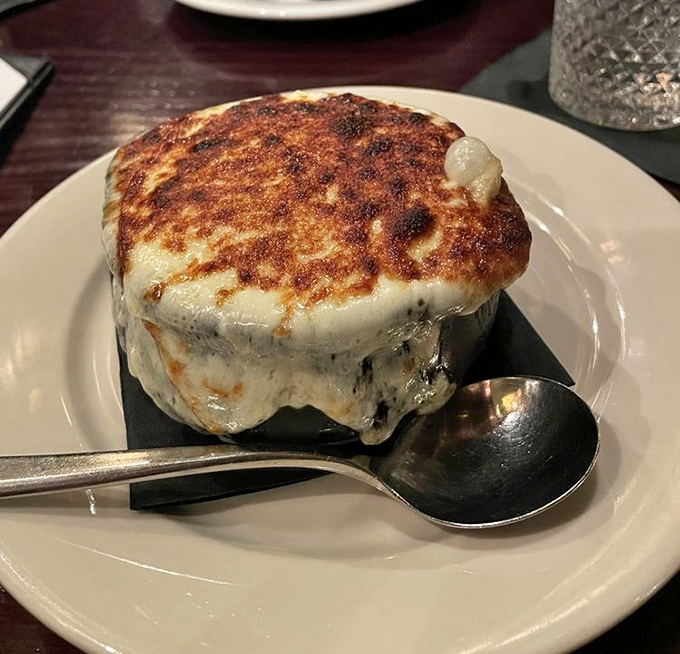 French onion soup with enough melted cheese to make Julia Child nod approvingly from culinary heaven.