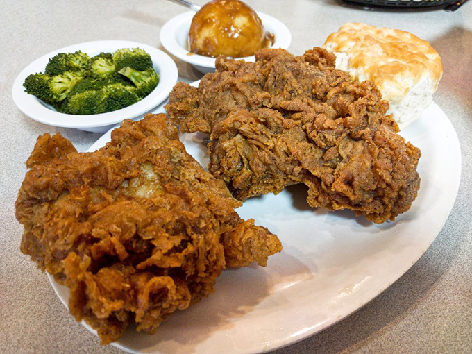 Golden fried chicken with all the fixings demonstrates that comfort food transcends meal times when executed this perfectly.