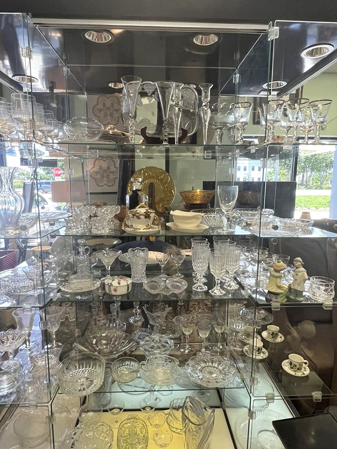 Crystal and glassware that would make Downton Abbey's butler proud, displayed with the reverence these pieces deserve. Champagne taste on a sparkling water budget!