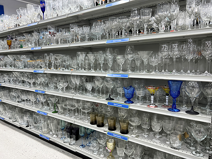 The glassware section sparkles under fluorescent lights, a crystal wonderland where your grandmother's favorite pattern is waiting to be rediscovered.