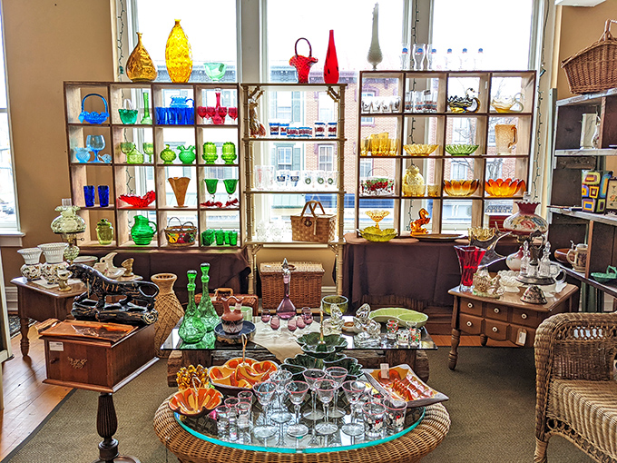 A rainbow of vintage glassware catches the light like a time-traveling jewelry box—each piece holding cocktails, flowers, or simply decades of stories.