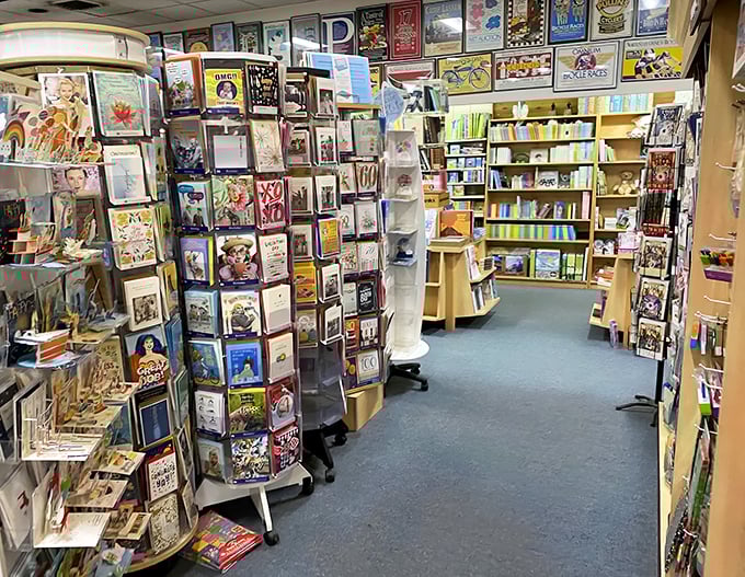 A bibliophile's corner within the spinning universe. Books and greeting cards provide respite between the dizzying displays of circular wonders.