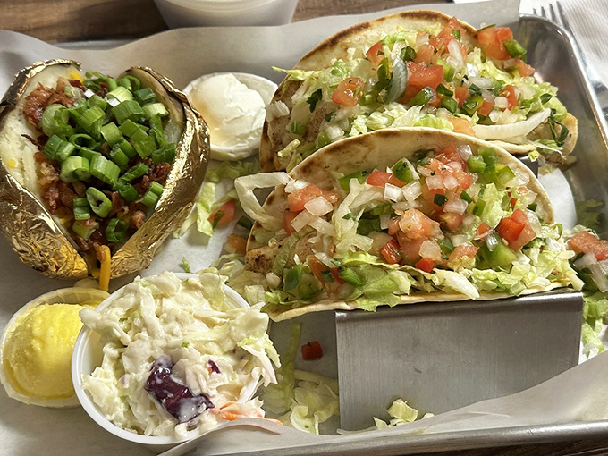 Tacos that don't need a passport to deliver authentic flavor. Fresh, vibrant, and served with a baked potato that's dressed better than most people.