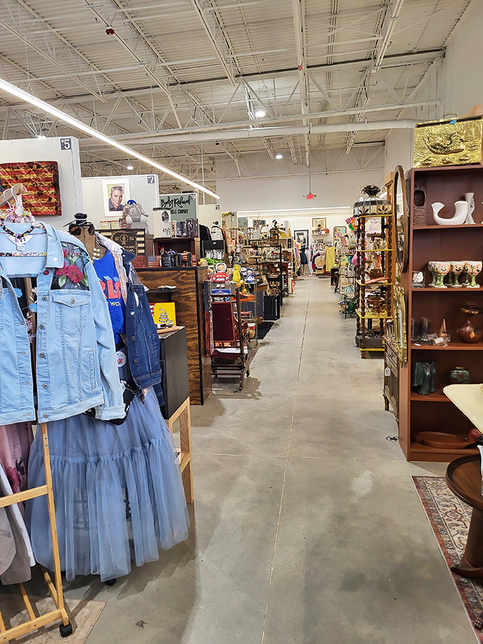 The endless corridor of possibilities, where vintage fashion meets curated clutter in a dance of decades gone by.