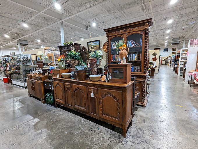 Magnificent wooden wardrobes and cabinets stand like sentinels of craftsmanship, their polished surfaces reflecting an era when furniture was built to outlast its makers.