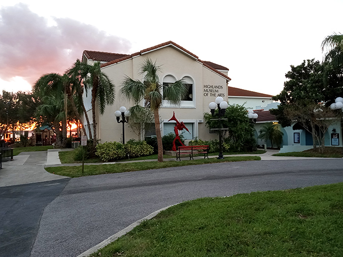 The Highlands Museum of the Arts glows at sunset, proving culture thrives beyond Florida's metropolitan borders.