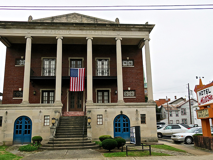 With its commanding columns and patriotic display, this historic building serves as Milton's architectural equivalent of your grandfather's Sunday best.