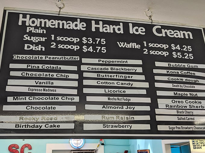 An ice cream flavor board that reads like a bucket list for your taste buds. From Butterfinger to Death by Chocolate, each option promises its own sweet adventure.