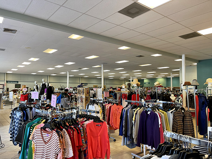 The expansive interior feels more like a department store than a thrift shop, with bright lighting that banishes the musty stereotype.