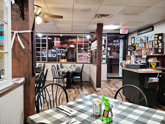 The dining room feels like someone's well-loved kitchen, just scaled up to feed a small army of hungry travelers.