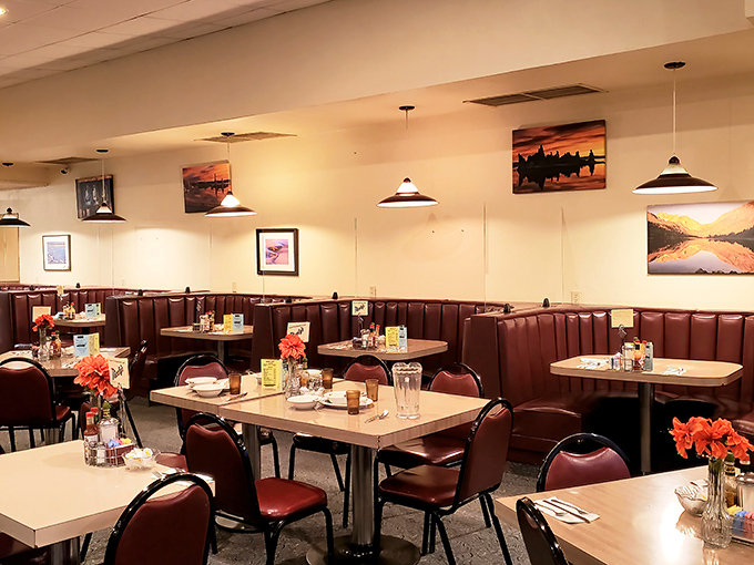 Booths designed for lingering conversations and tables set for making memories, all under the watchful gaze of Eastern Sierra landscapes.