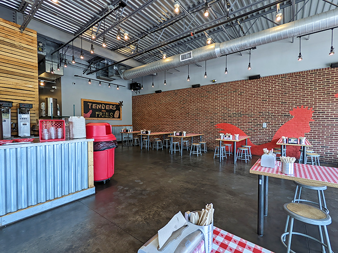 Red accents pop against industrial elements, creating a space that's both energetic and relaxed – just like the food itself.