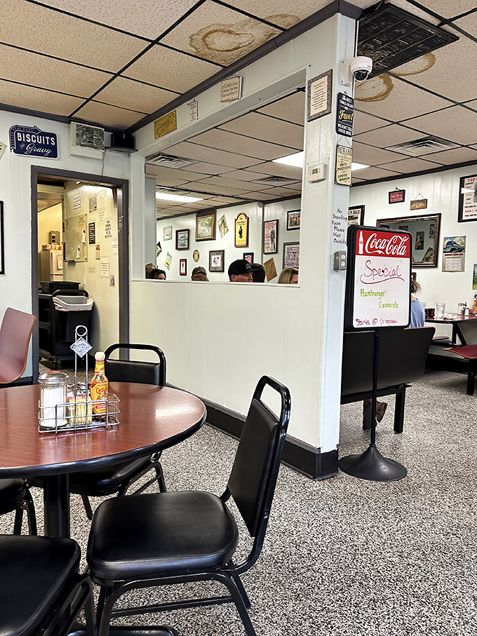 Red vinyl booths against brick walls create that classic diner ambiance where calories don't count and coffee refills flow freely.
