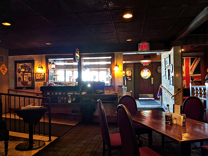 The pub's interior glows with that amber warmth that makes strangers into friends. Union Jack on the wall reminds you this isn't just any Illinois watering hole.