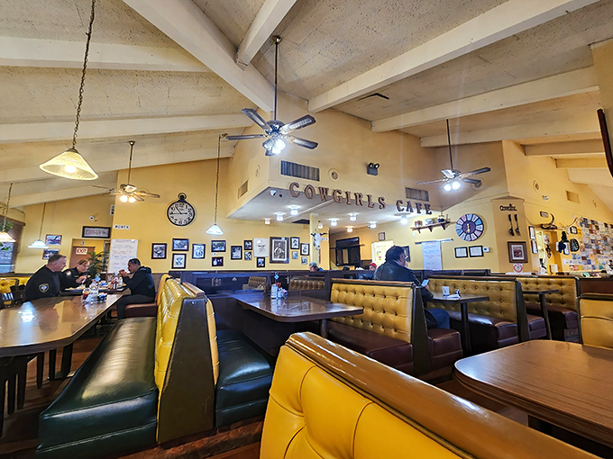The dining room feels like breakfast at your favorite aunt's house&mdash;if your aunt had impeccable taste in yellow vinyl and ceiling fans.