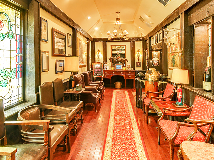 An entryway that feels like walking into the library of a distinguished friend who happens to make the best Old Fashioneds in three states.