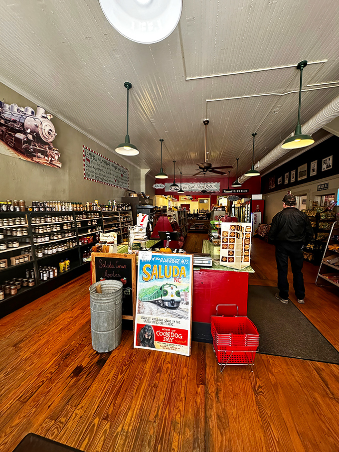 The grocery store side of Thompson's offers local treasures and everyday necessities under the same tin ceiling and warm lighting.