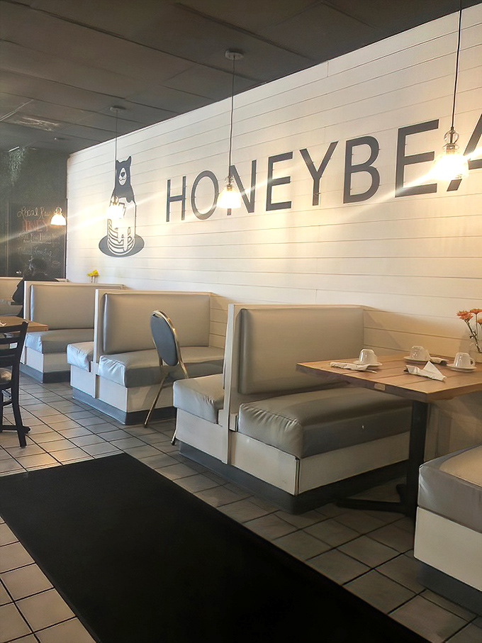 The signature Honeybear logo watches over diners from its perch on shiplap walls&mdash;a pancake-loving bear that perfectly captures this restaurant's playful spirit.