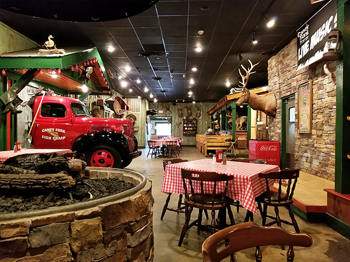 Where else can you dine beside a vintage fire truck under the watchful gaze of mounted wildlife? Only in Tennessee, friends.