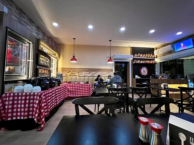 The evening ambiance transforms the space with checkered tablecloths and warm lighting that says, "Stay awhile and order that second potato dish you've been eyeing." 