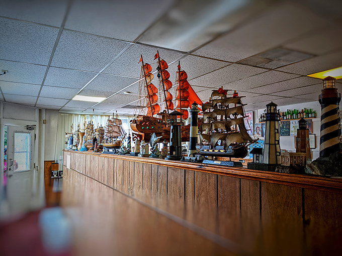 The nautical-themed decor isn't trying to impress anyone&mdash;those model ships have sailed through decades of Detroit dining history without changing course.