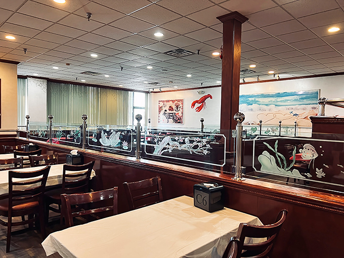 Nautical touches and underwater murals transport you oceanside. The dividers between booths create intimate dining islands in this seafood sanctuary.