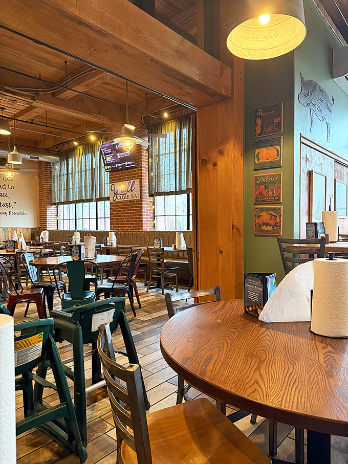 The dining room feels like the perfect blend of rustic barn and urban hangout, where wooden beams meet industrial chic.
