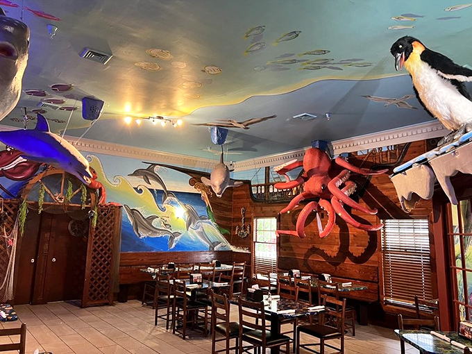 Underwater fantasy meets dining reality. That giant octopus on the wall has seen things&mdash;mainly people doing victory dances after finding empty tables.