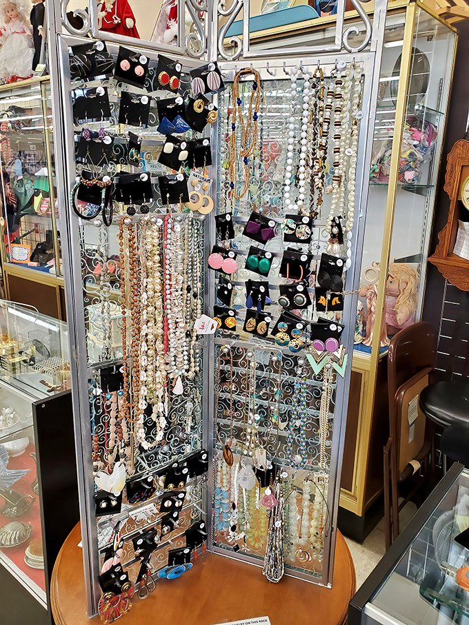 Sparkle central! This jewelry display transforms costume accessories into treasure hunt prizes&mdash;each piece waiting for its perfect match.