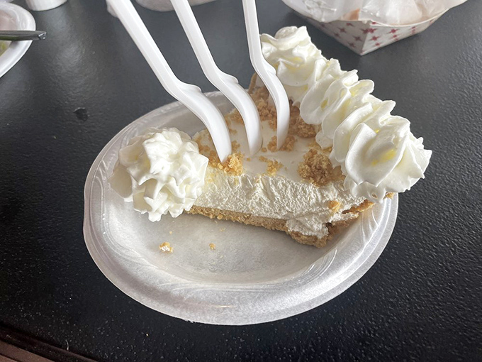 Key lime pie so authentic it should come with its own passport. The whipped cream mountains are there for your expedition of deliciousness.