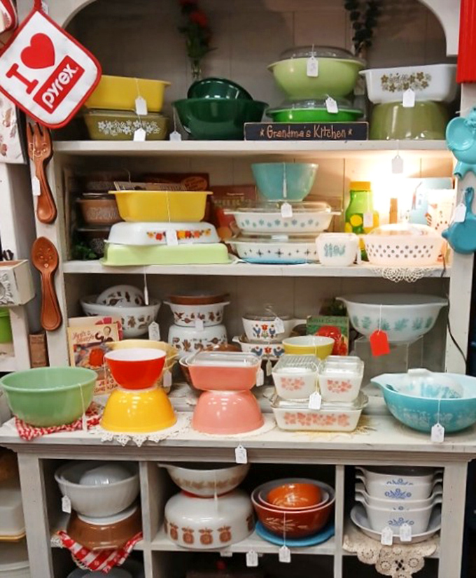 Pyrex paradise! The holy grail for kitchen collectors &ndash; those Butterfly Gold and Spring Blossom patterns that make millennials fight over their grandma's casserole dishes. 