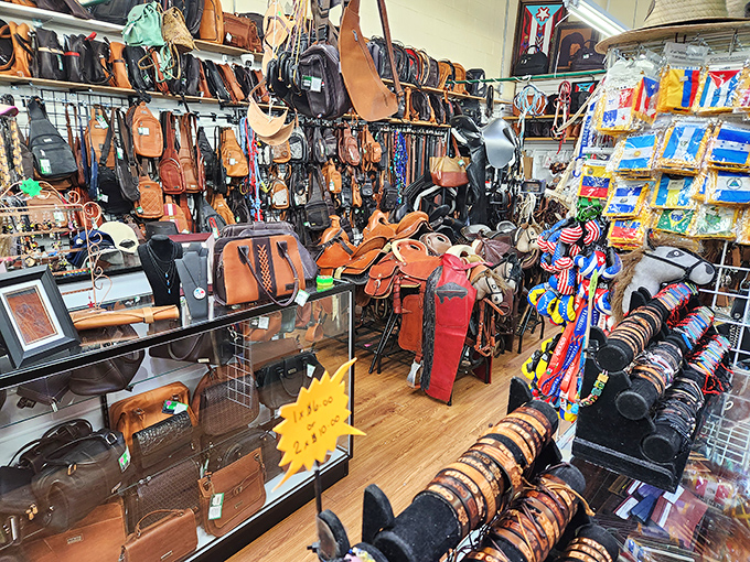 Leather goods heaven—where wallets, bags, and belts hang like delicious cured meats in an Italian deli, but considerably less edible.