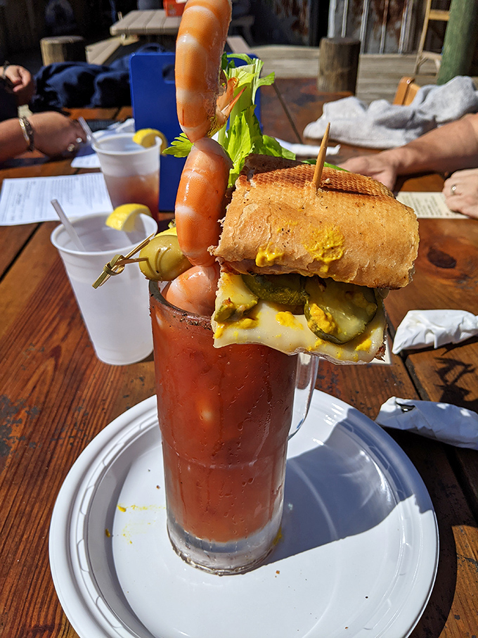 This isn't just a Bloody Mary&mdash;it's a full-on meal with a cocktail identity crisis, complete with sandwich and shrimp co-pilots.