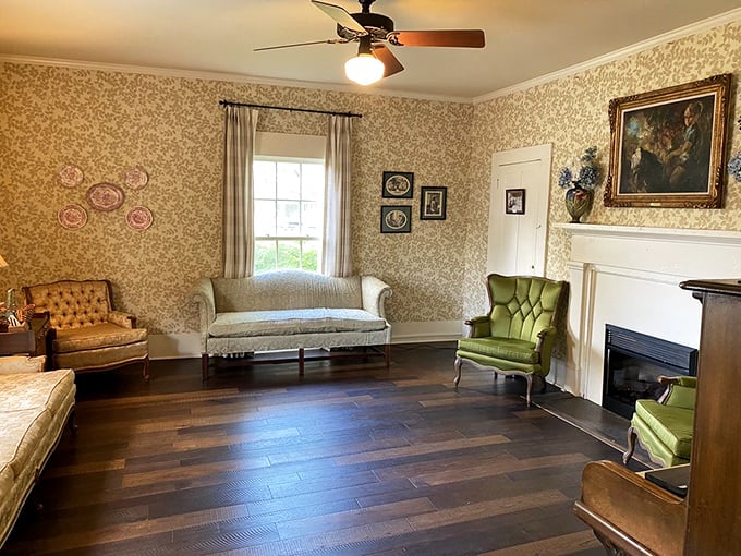 A parlor that hasn't changed much since ladies wore gloves to dinner. The vintage sofa practically begs for post-meal conversation.