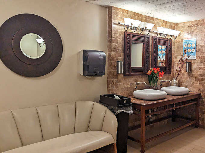 Even the restroom lounge speaks of understated elegance&mdash;the kind of place where you might fix your tie and plot your next dessert order.