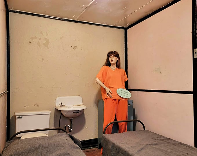 The modern prison uniform display offers a jarring pop of color in an otherwise grayscale world. Orange truly is the new bleak.