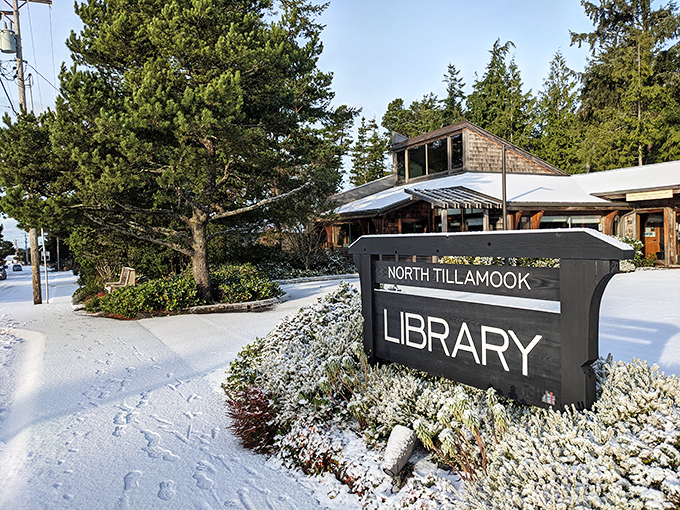 The North Tillamook Library dusted with snow&mdash;a literary oasis for beach readers and rainy day escapists alike.