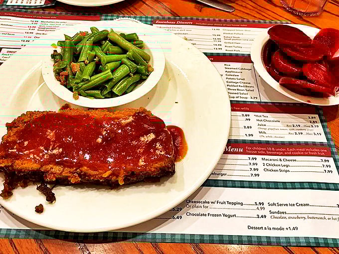 Meatloaf that doesn't apologize for being meatloaf, accompanied by green beans that actually taste like vegetables and beets that could convert any skeptic.