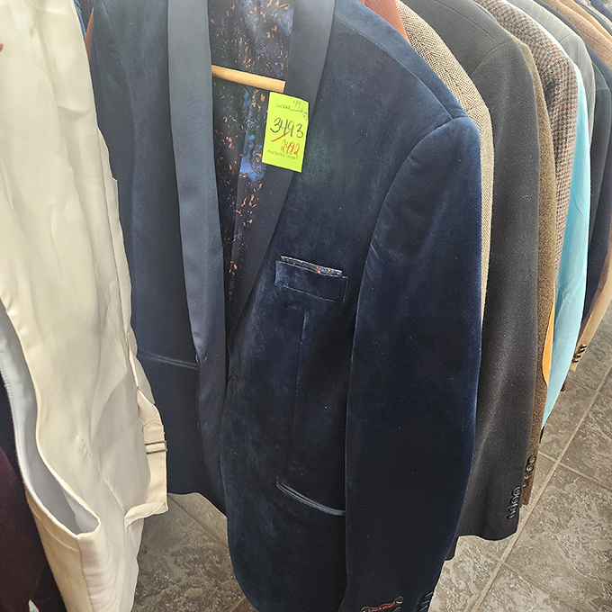 That navy velvet blazer isn't just clothing; it's character waiting to happen. Someone's former special occasion attire becomes your new signature piece.