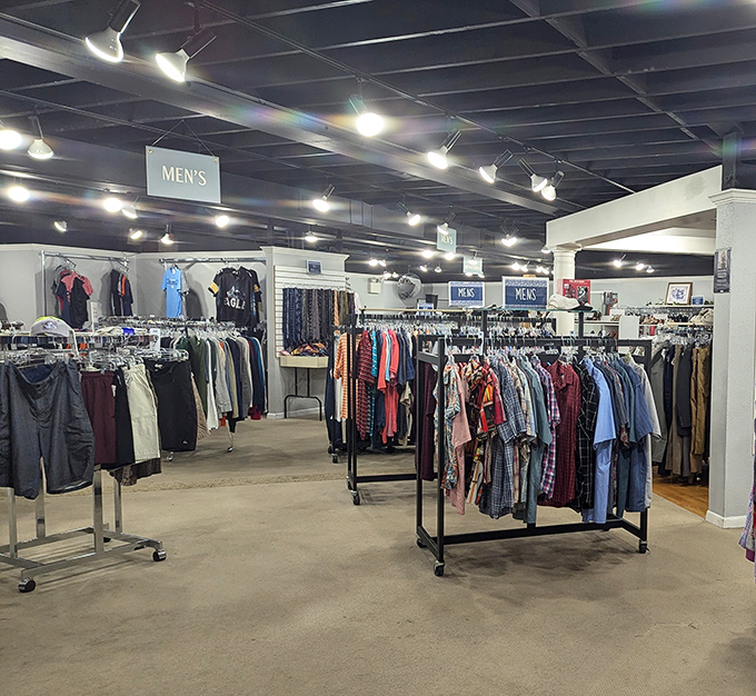 The men's department rivals department stores in selection and organization, minus the heart-stopping price tags and overeager salespeople.